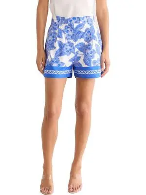 SUGARLIPS Floral Print High-waist Shorts - White-blue
