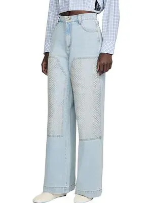 Sandro High-rise Straight Leg Jeans With Crystal Patch - Light Blue Jean