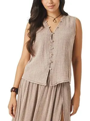 Splendid Ava Gauze Button Front Tank - Light Wicker