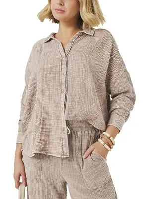 Splendid Ava Gauze Button Down Shirt - Light Wicker