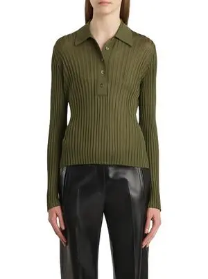 Khaite Vin Rib Polo Sweater Olive