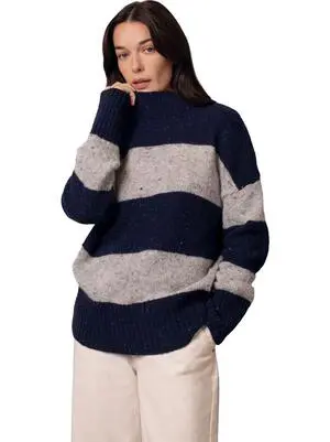 CELTIC & CO. Colourblock Donegal Wool Funnel Neck Sweater - Navy/oatmeal