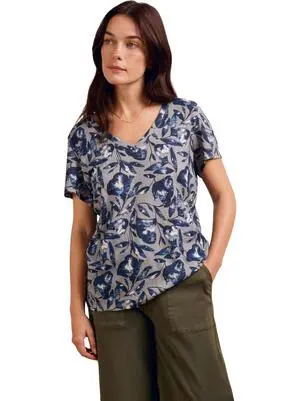 CELTIC & CO. Relaxed V-neck Linen Blend T-shirt - Mid Blue Leaf