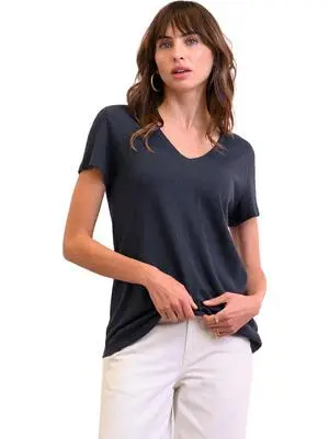 CELTIC & CO. Relaxed V-neck Linen Blend T-shirt - Navy