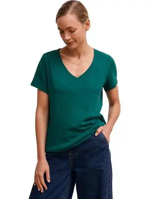 CELTIC & CO. Relaxed V-neck Linen Blend T-shirt - Teal