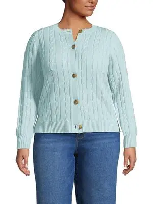 LANDS' END Classic Cable Crew Neck Cardigan - Pale Sky