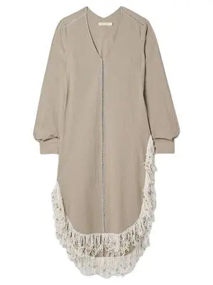 DIOTIMA Una Oversized Fringed Bead-embellished Checked Cotton Midi Dress - Beige