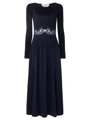 Gabriela Hearst Lace-trimmed Cashmere And Silk-blend Midi Dress - Navy