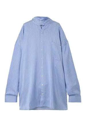 Marie Adam-Leenaerdt Oversized Pussy-bow Pinstriped Satin Shirt - Light Blue
