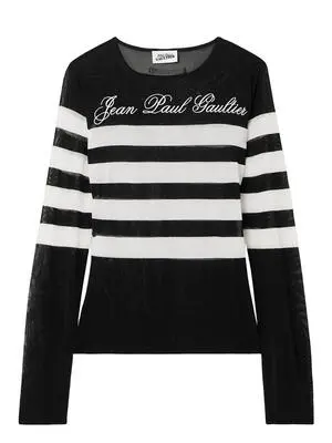 JEAN PAUL GAULTIER Marinière Embroidered Striped Mesh Top - Black