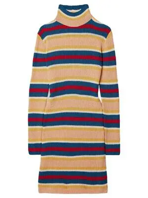 THE ELDER STATESMAN Striped Ribbed Cashmere Mini Dress - Beige