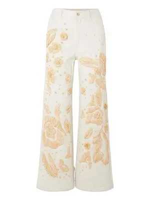 Cult Gaia Jarli Raffia-appliquéd High-rise Wide-leg Jeans - Ivory
