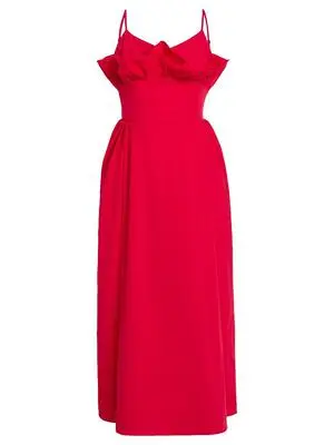 KIKA VARGAS Elisabeth Ruffled Guipure Lace And Cotton-Poplin Midi Dress Red
