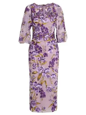 Marchesa Embroidered Tulle Midi Dress - Purple