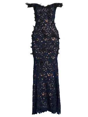 Marchesa Duchess Off-Shoulder Floral Applique Ball Gown In Navy - 54% Off |  Editorialist