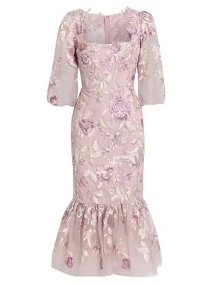 Marchesa Embroidered Tulle Midi Dress - Lilac