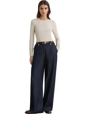 REISS Lyocell Topstitched Wide-leg Trousers - Indigo