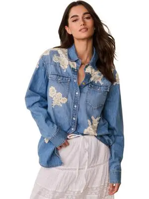 LoveShackFancy Kelith Lace Appliqué Chambray Shirt - Denim