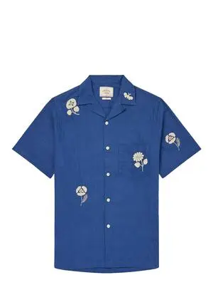 Portuguese Flannel Convertible-collar Embroidered Ramie Shirt - Blue