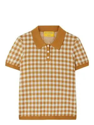 Guest In Residence Guest In Residence Cropped Gingham Silk And Linen-Blend Jacquard Polo Shirt Brown