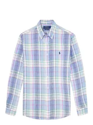 Polo Ralph Lauren Button-down Collar Logo-embroidered Checked Linen Shirt - Blue