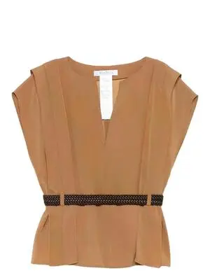 Max Mara Mxmabete Belted V-Neck Top Neutrals