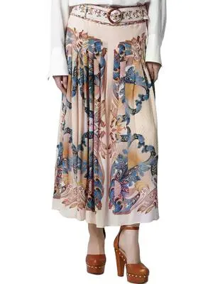 Farm Rio Floral Print Belted Midi Skirt - Neutrals