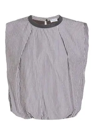 Brunello Cucinelli Striped Cotton-poplin Top With Bead Embellishment - Chocolate