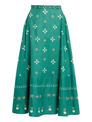 Agua Bendita Bel Mar Esmeralda Printed Linen Midi Skirt - Emerald