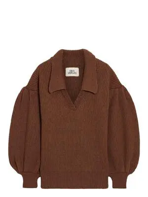 KIKA VARGAS Greta Ribbed Merino Wool Polo Sweater - Chocolate