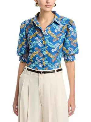 T Tahari Floral Print Button-down Blouse - Denim/ Multi