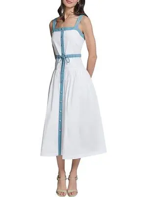 Karl Lagerfeld Paris Poplin Mixed Media Tiered Midi Dress - White