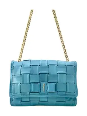 FERRAGAMO Woven Leather Viva Bow Crossbody Bag - Blue
