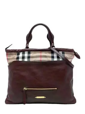 Burberry House Check Trimmed Leather Big Crush Convertible Tote Satchel - Red