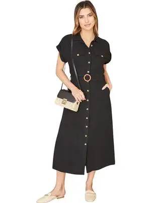 YUMI Linen Look Midi Shirt Dress With Wooden Belt - Black