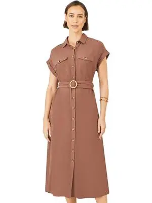 YUMI Linen Look Midi Shirt Dress With Wooden Belt - Brown