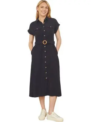 YUMI Linen Look Midi Shirt Dress With Wooden Belt - Navy