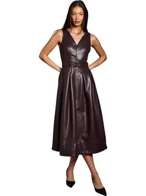 Coast Sleeveless V-neck Belted Pu Dress - Brown