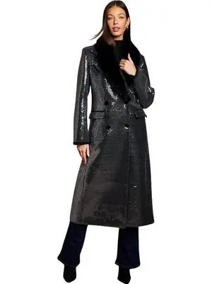 Coast Faux Fur Collar Sequin Longline Coat - Black