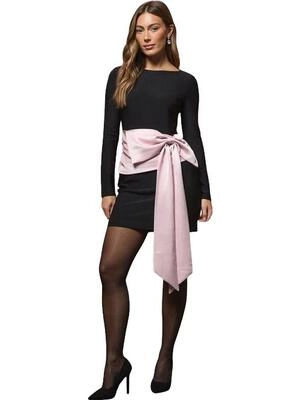 Coast Satin Bow Long Sleeve Mini Dress - Black