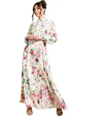 Coast Pleated Lace Trim Midi Dress - Multi