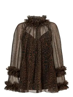 Carolina Herrera Leopard Chiffon Top With Ruffle Trim - Print