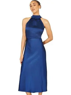 YUMI Satin Halter Neck Midi Dress - Navy