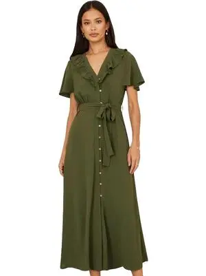 YUMI Ruffle Collar Midi Shirt Dress - Green