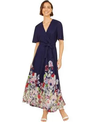 YUMI Mesh Wrap Midi Dress Navy