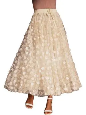 YUMI Floral Appliqué Tulle Midi Skirt - Ivory