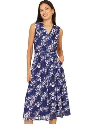 YUMI Blossom Print Mesh Stretch Midi Dress - Navy