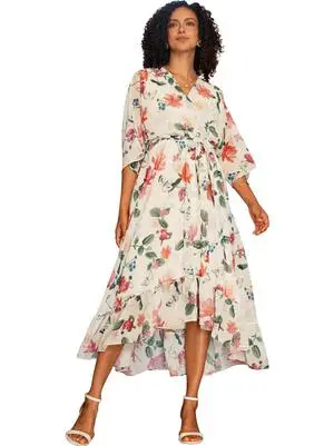 YUMI Floral Dip Hem Wrap Midi Dress - Ivory
