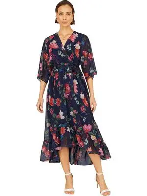 YUMI Floral Dip Hem Wrap Midi Dress - Navy