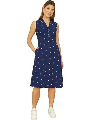 YUMI Daisy Print Sleeveless Shirt Dress - Navy